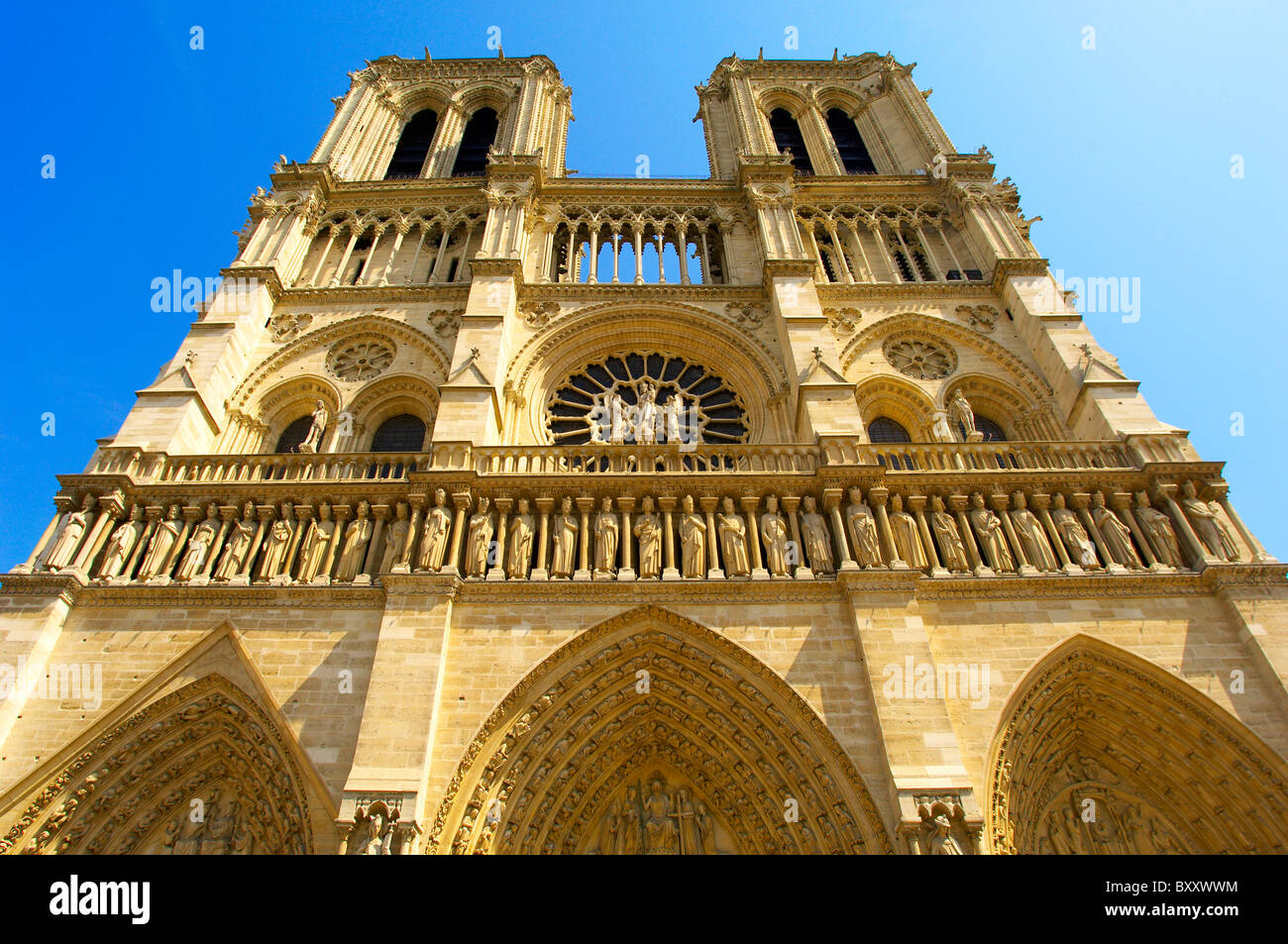 Gothic architecture of the facade of Notre Dame Cathedral, Paris Stock ...