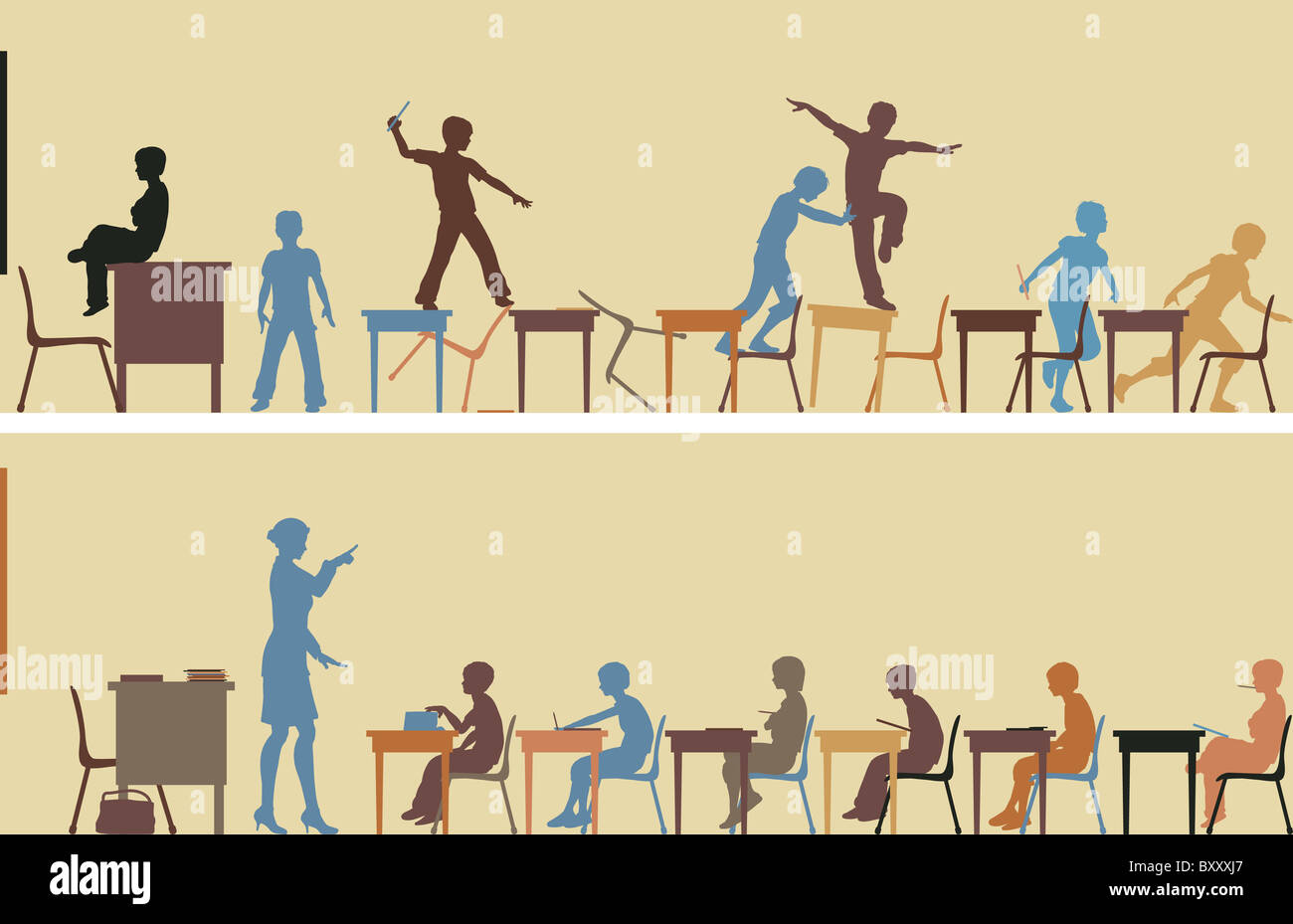 Illustrated silhouettes of two colorful classroom scenes Stock Photo ...