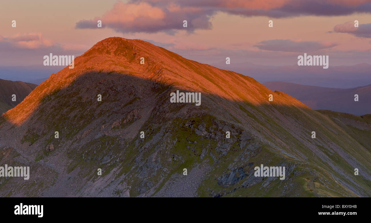 Late evening summer sunshine cast across the summit of Am Bodach in the ...