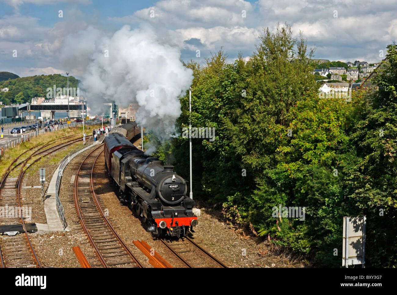 Preserved Class 5 steam locomotive No. 45407 hauls a special train out ...
