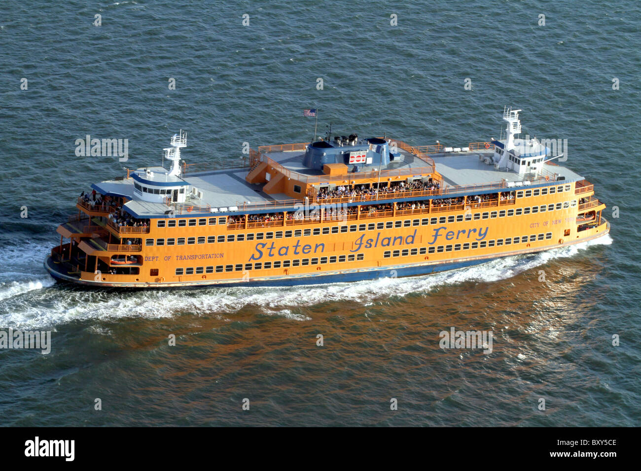 Aerial view of the Staten Island Ferry in New York City, USA, America ...
