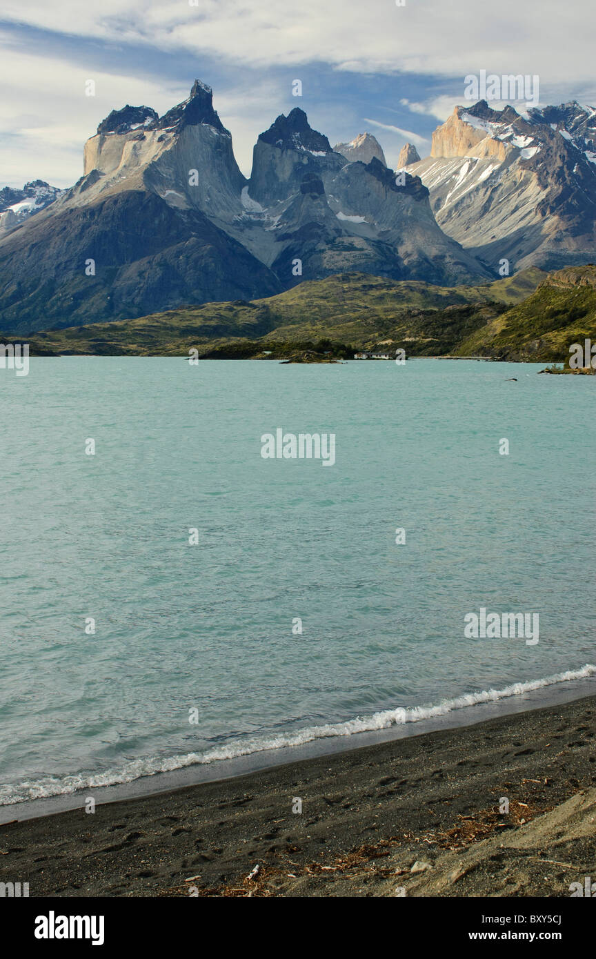 Cuernos del Paine above Lago Pehoe with Hosteria Pehoe, Parque Nacional ...