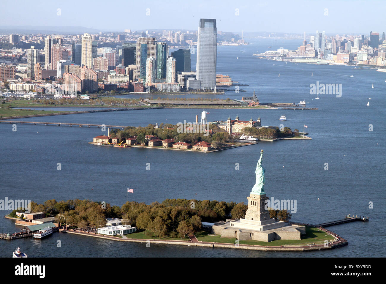 Aerial view of the Statue of Liberty and New York City and Manhattan ...