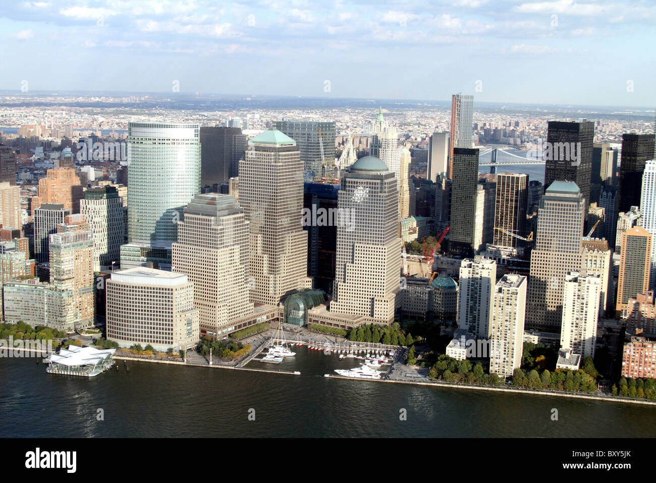 Aerial view of New York City skyline and downtown world financial ...