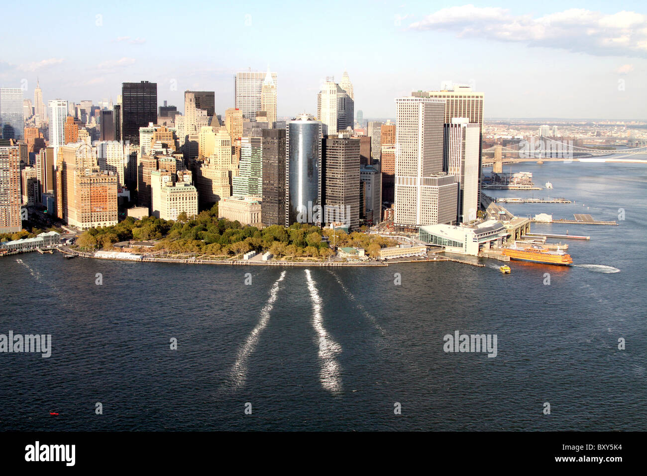 Aerial view of New York City skyline and downtown financial district ...