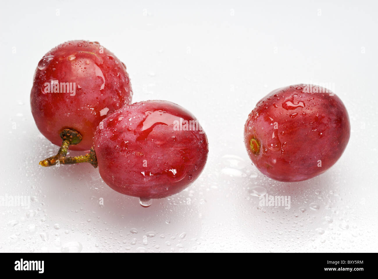 three wet red grapes isolated on white background Stock Photo - Alamy