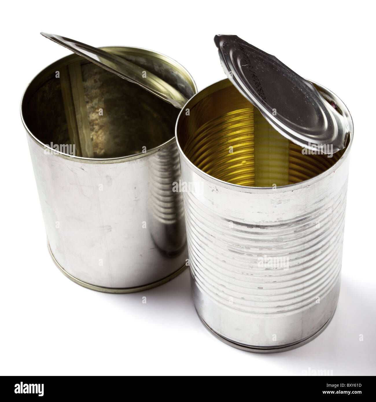 Empty open tin can without label isolated on white Stock Photo - Alamy