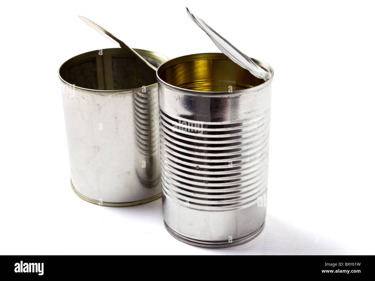 Empty open tin can without label isolated on white Stock Photo - Alamy