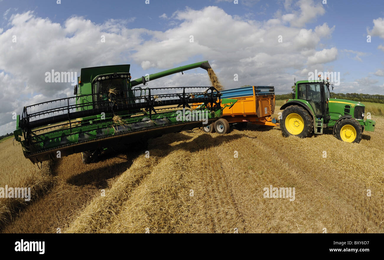 A John Deere combine harvester harvesting barley in a field at Holme ...