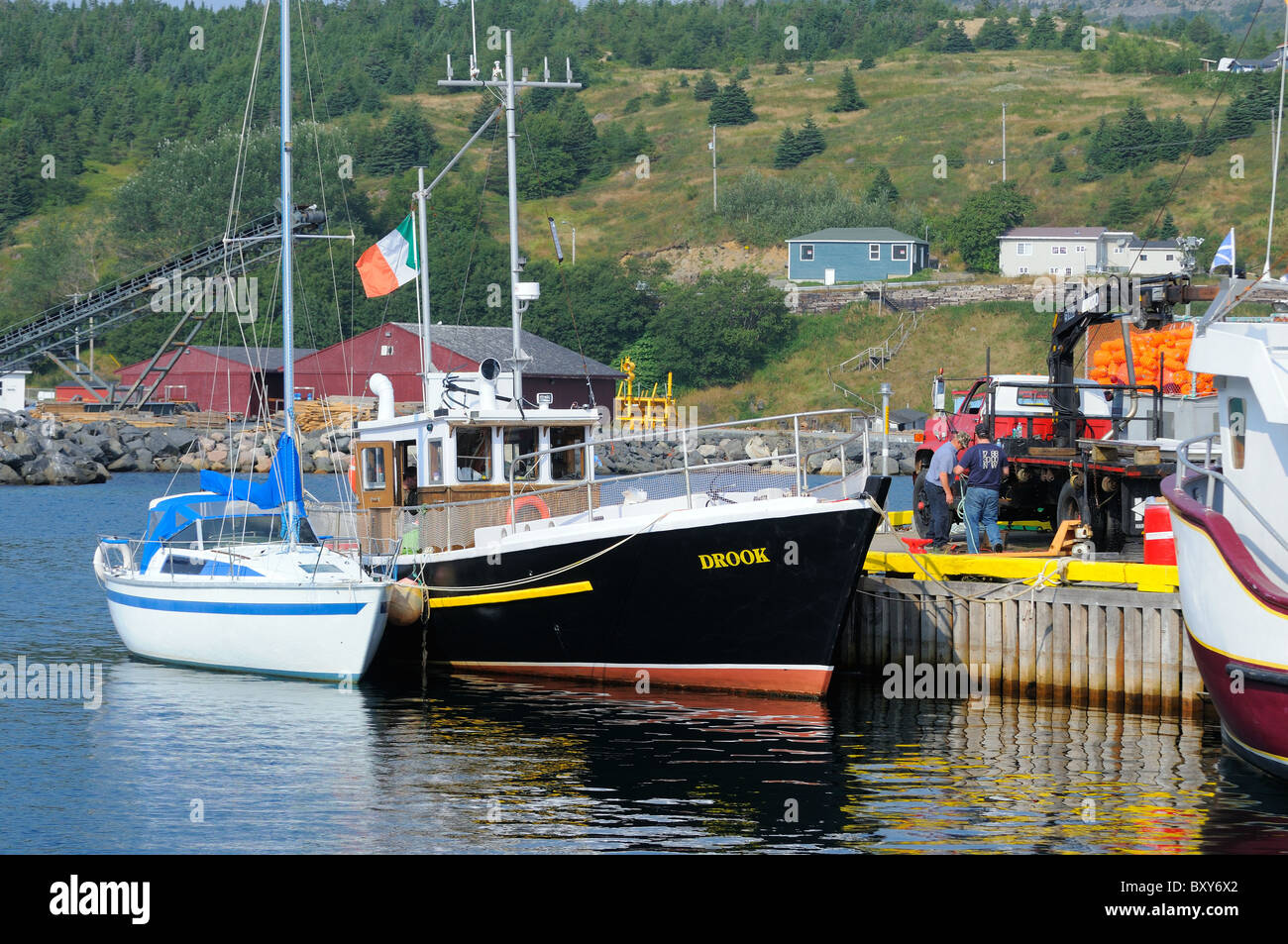 Motor Boat Yacht Moored In Harbor At Bay Bulls Newfoundland Dock Stock ...