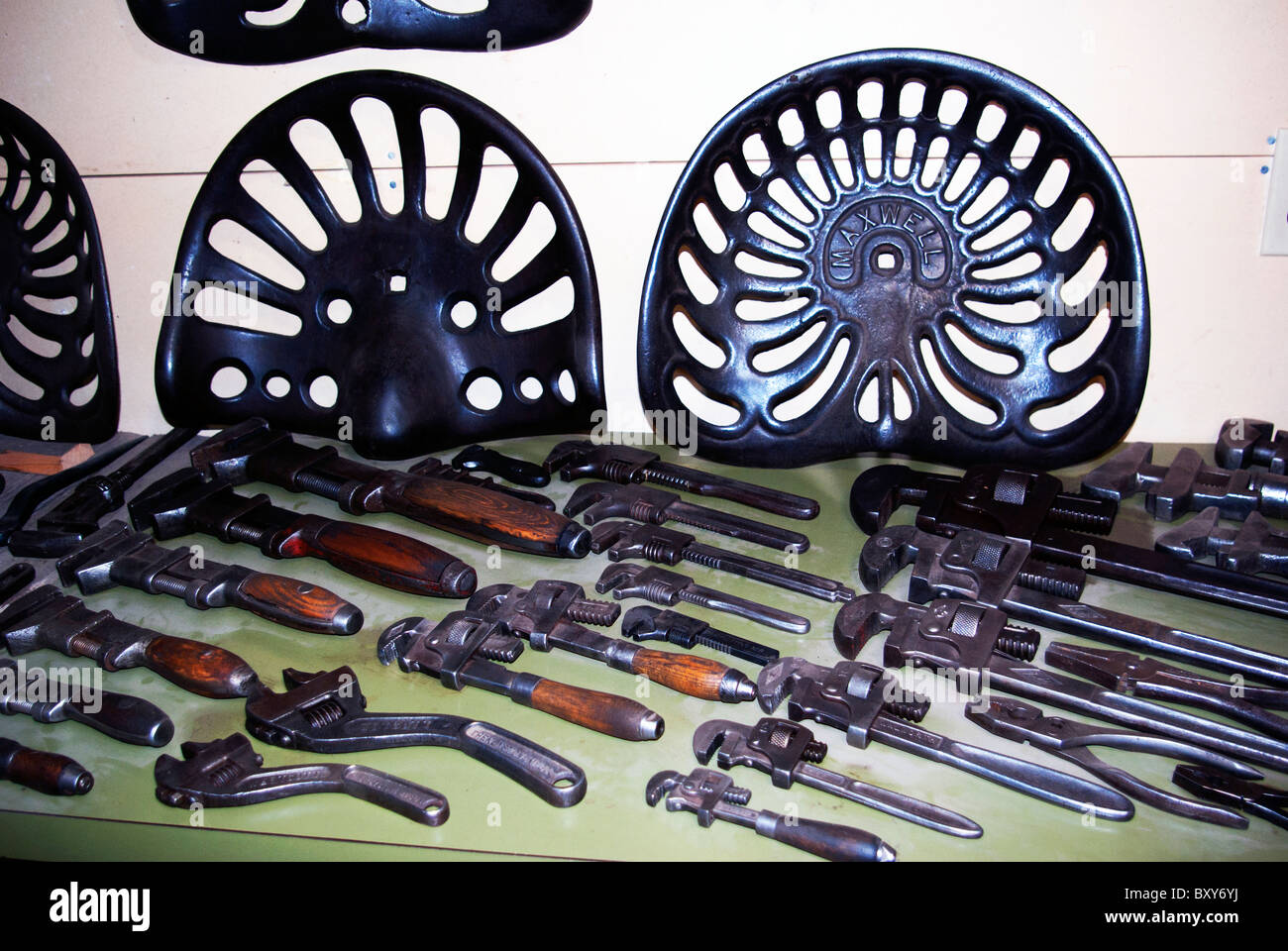 Canada, BC, Darfield, rustic tools, rustic farm, display of farm tools ...