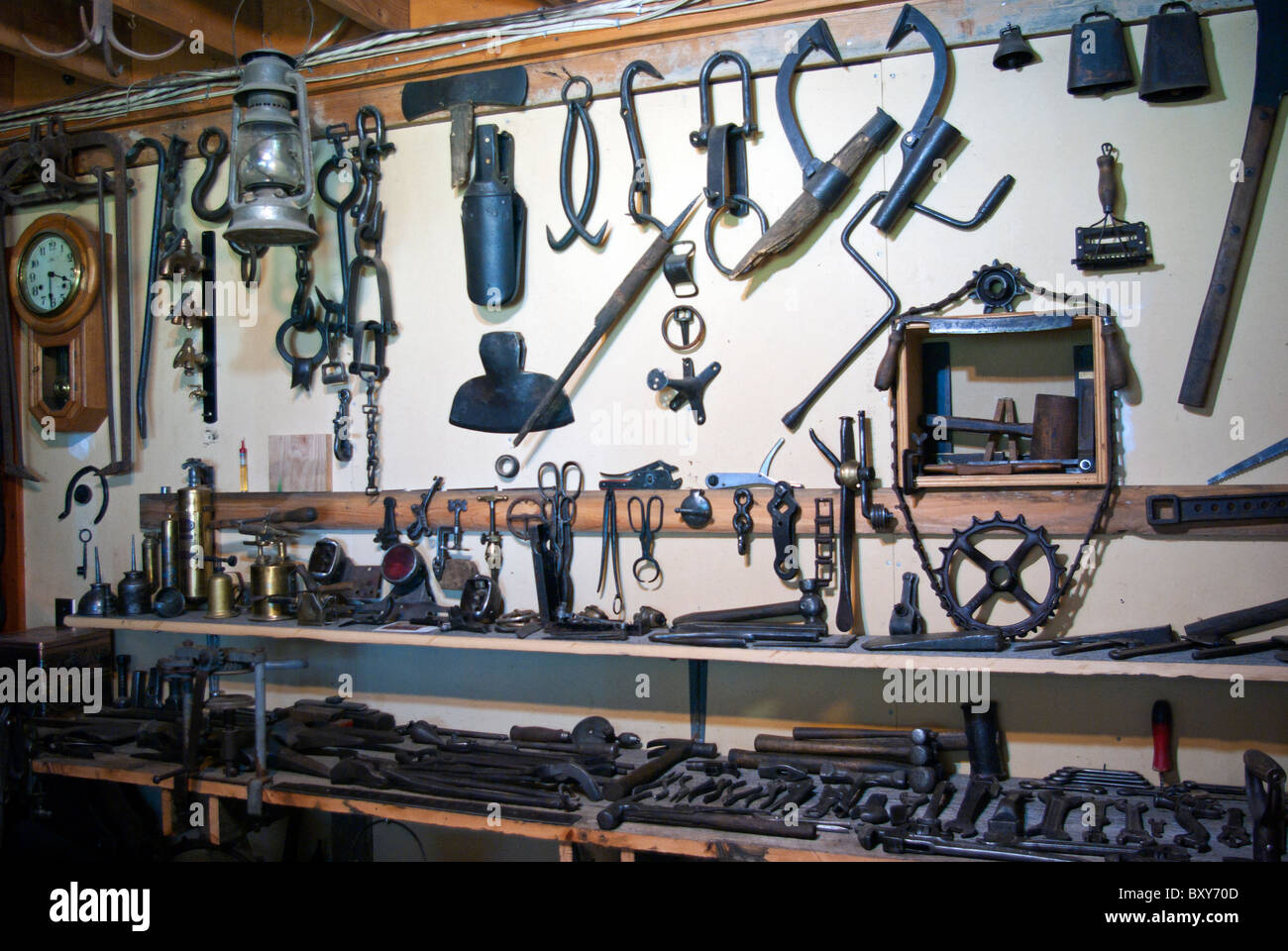 Canada, BC, Darfield, rustic tools, rustic farm, display of farm tools ...