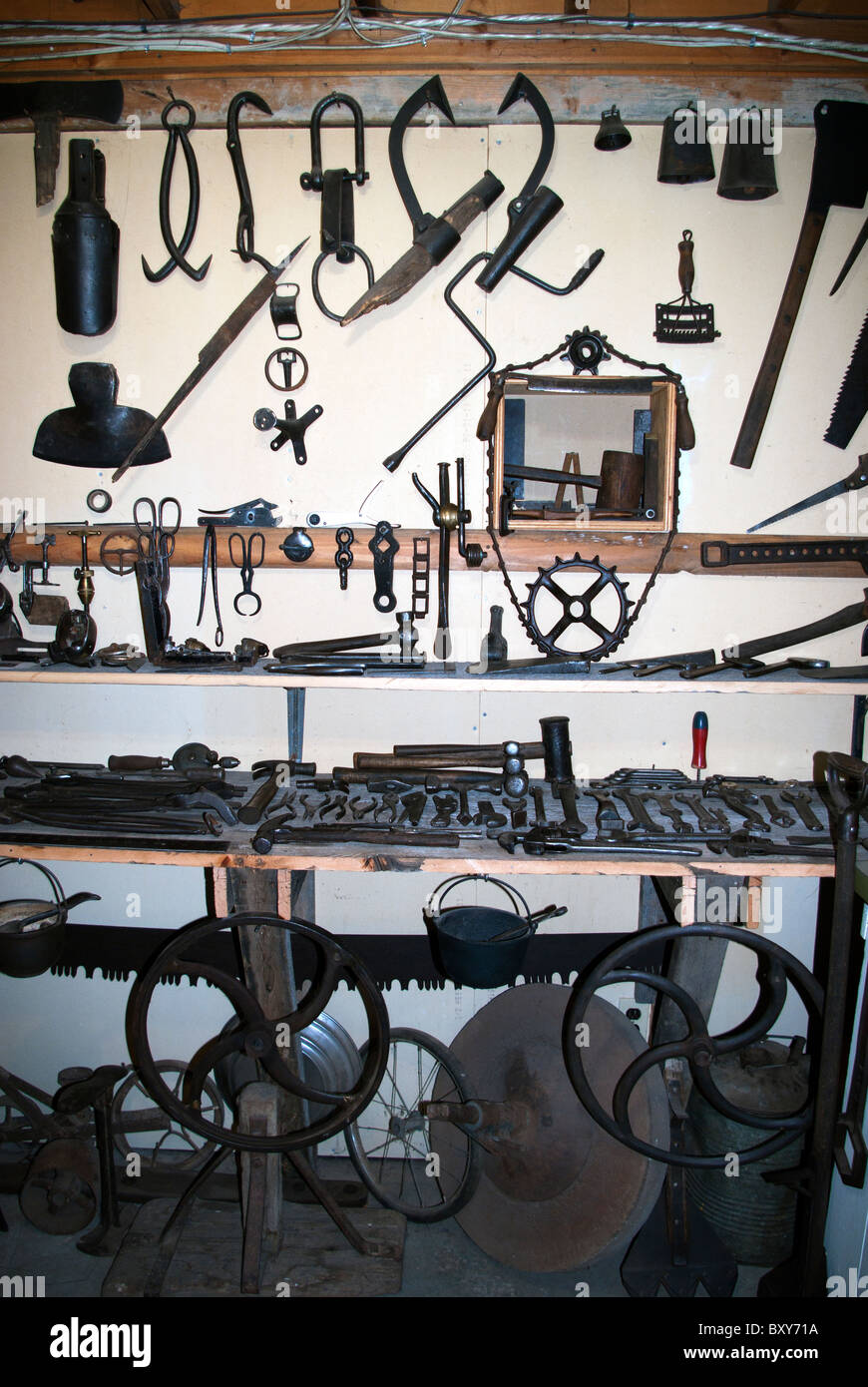 Canada, BC, Darfield, rustic tools, rustic farm, display of farm tools ...