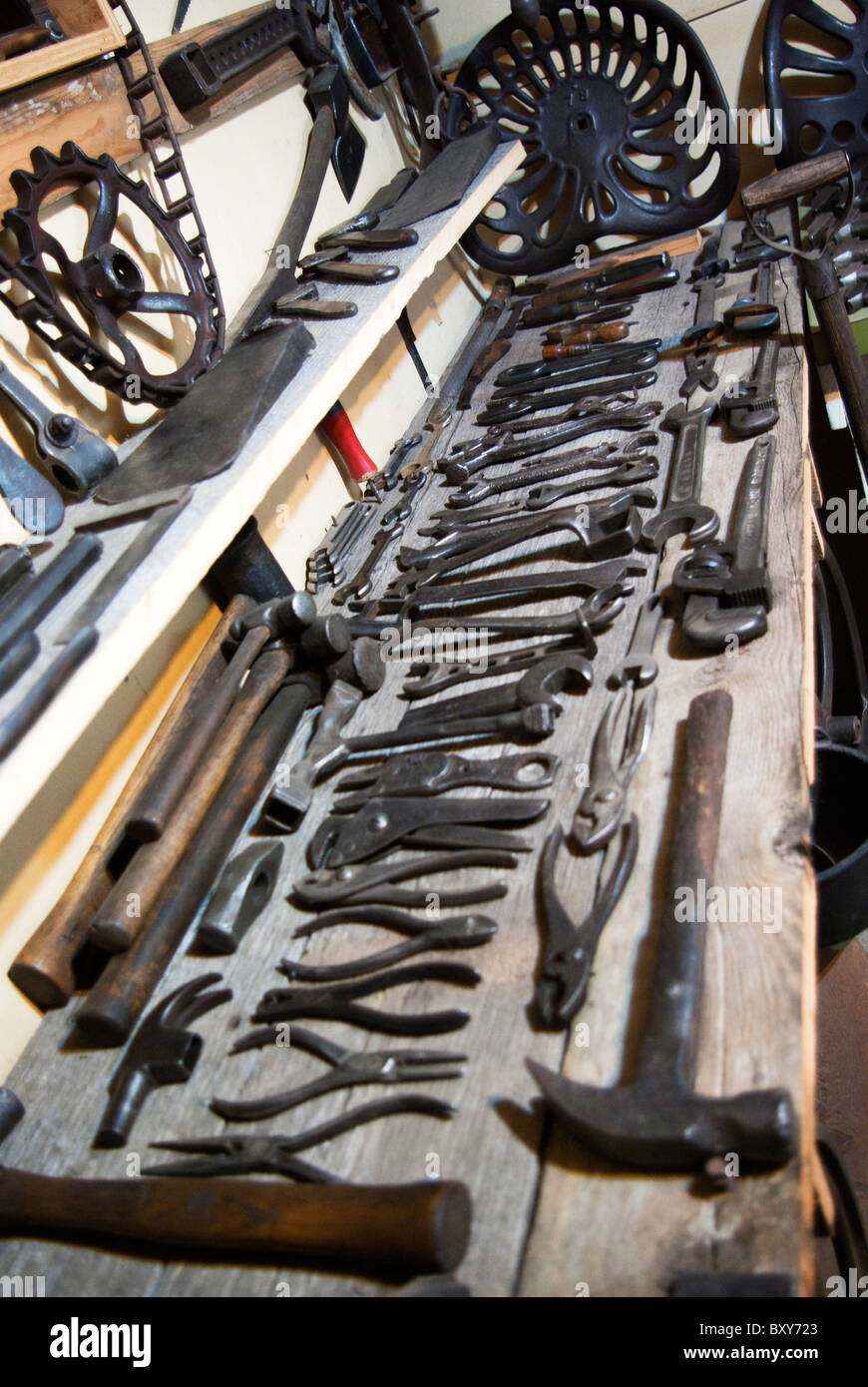 Canada, BC, Darfield, rustic tools, rustic farm, display of farm tools ...
