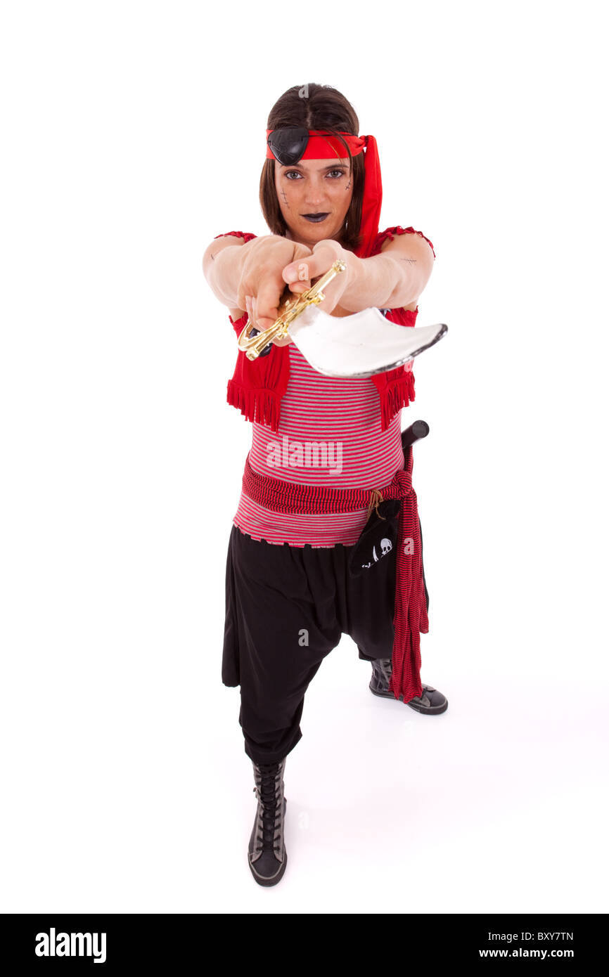 happy young woman dressed with a pirate outfit (isolated on white Stock ...