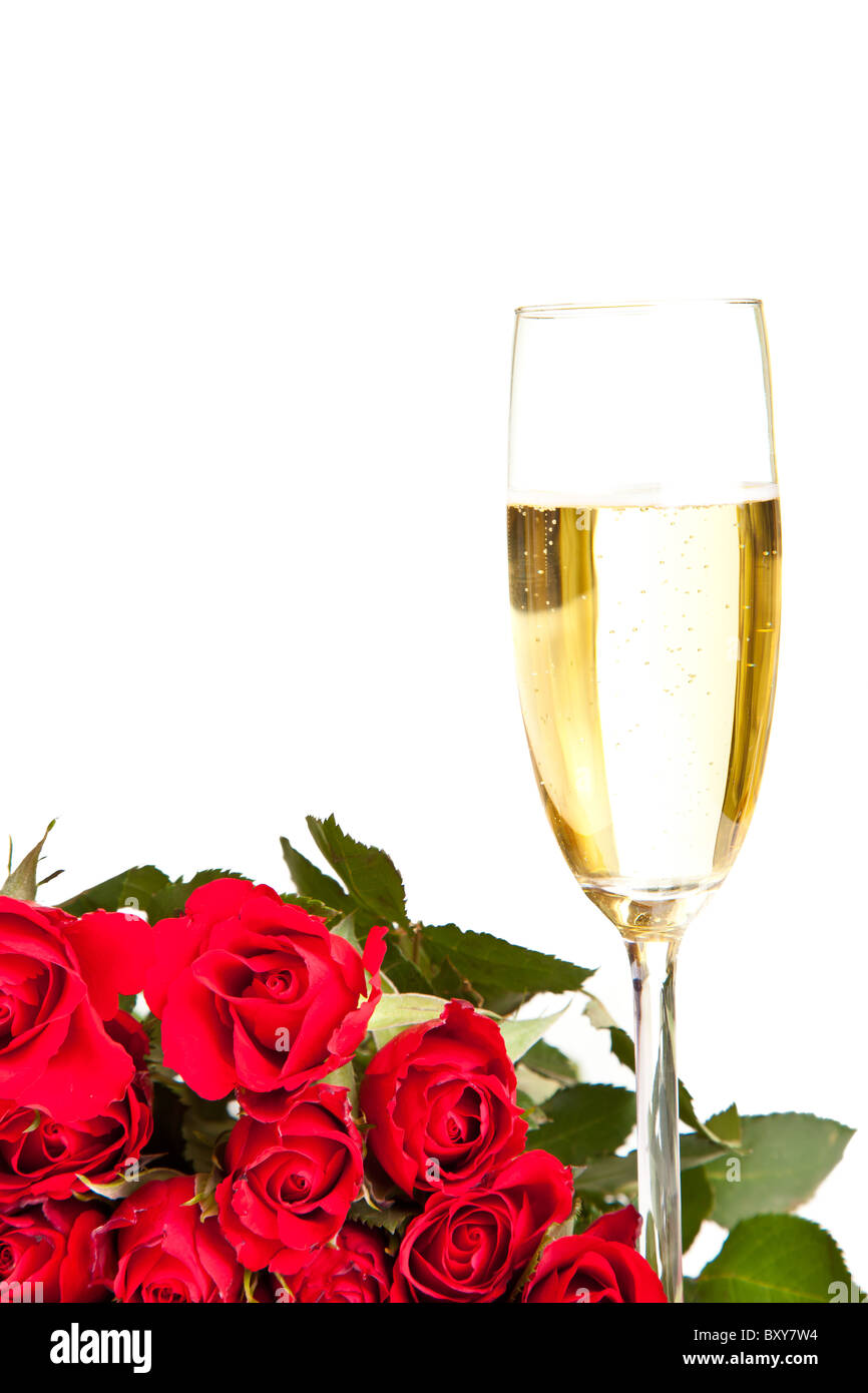 Valentine's day roses and champagne wine isolated on white Stock Photo ...