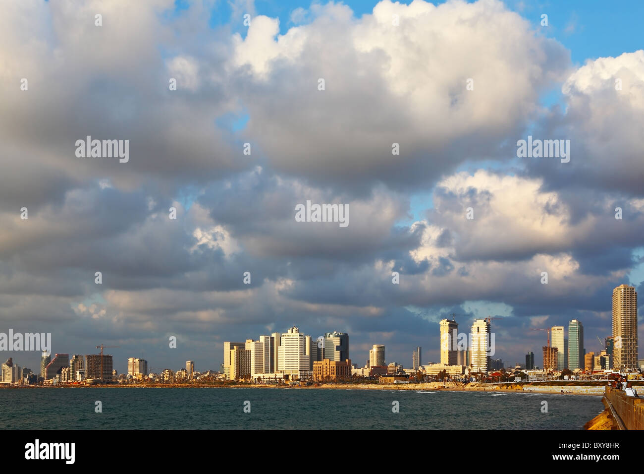 Magnificent panorama of the waterfront in Tel Aviv. Sunset on a windy ...