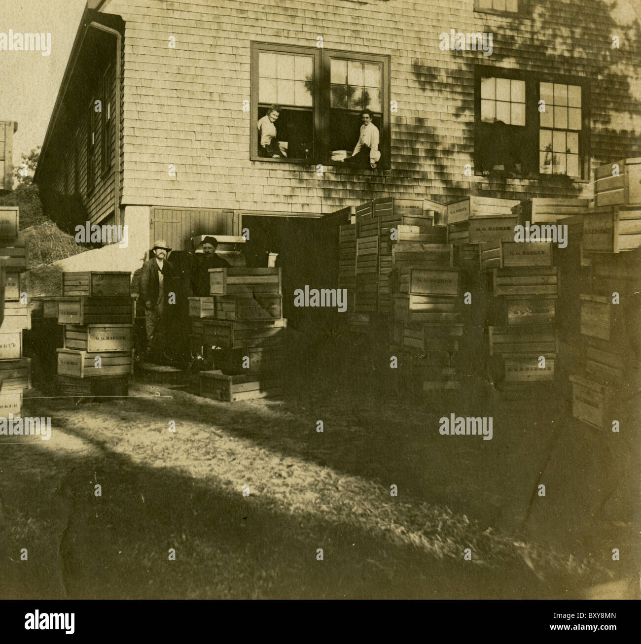 Circa 1930 photo, old packing crates marked G.G. Barker and basement ...