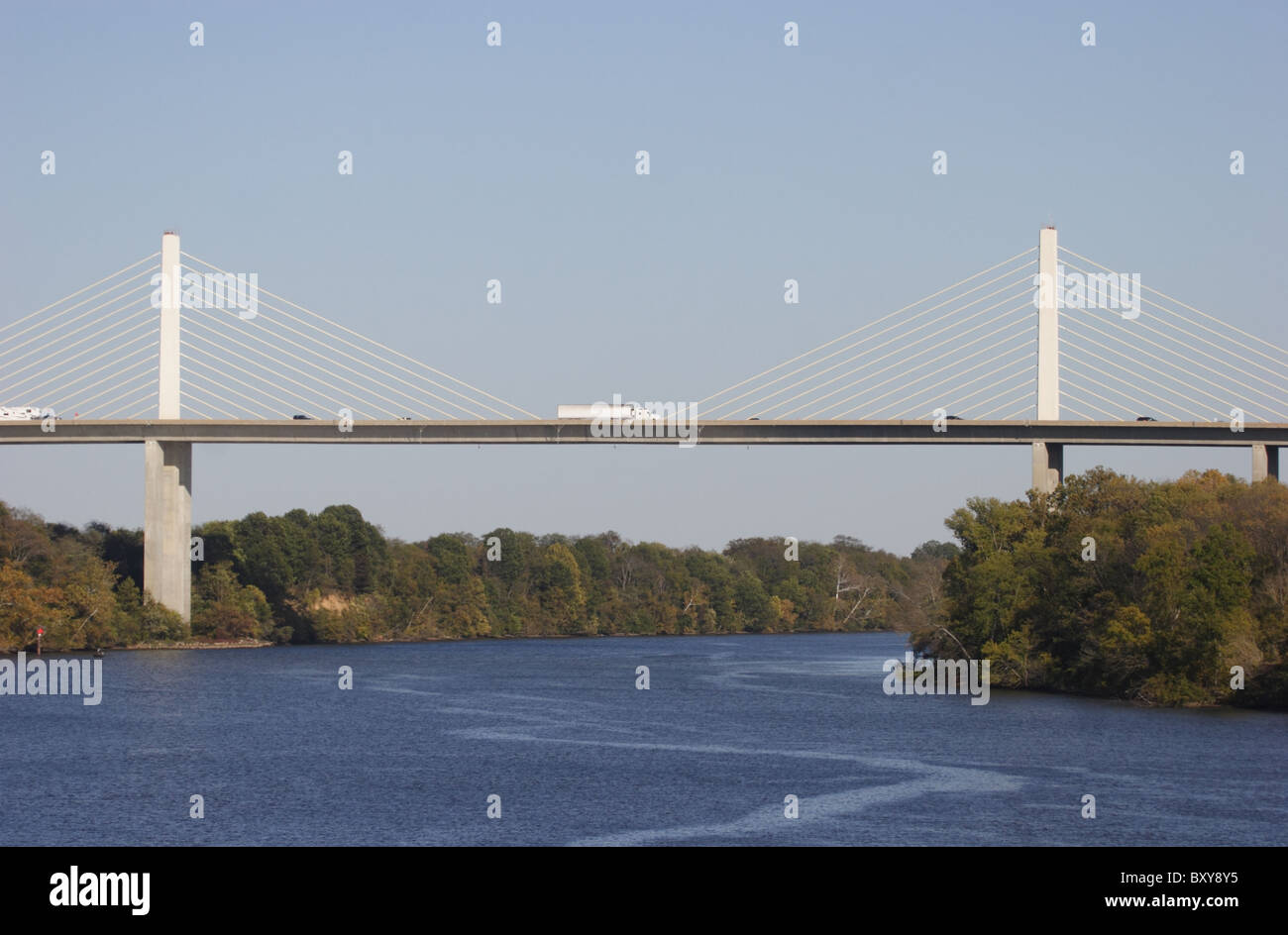 Commercial trucks crossing bridge at James river, Dutch Gap, Virginia ...