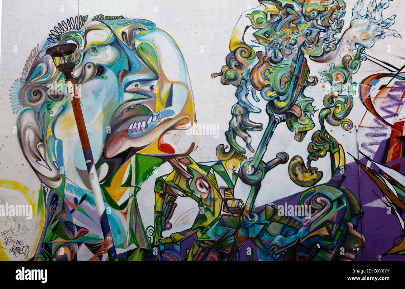 Abstract wall mural depicting a mans head along a street in the Spanish ...