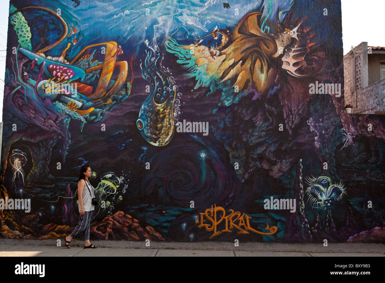 Abstract wall mural along a street in the Spanish colonial city of ...