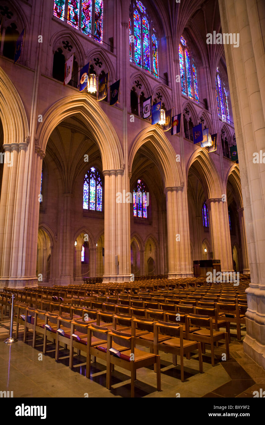Stained-glass windows and flying buttresses at the National Cathedral ...