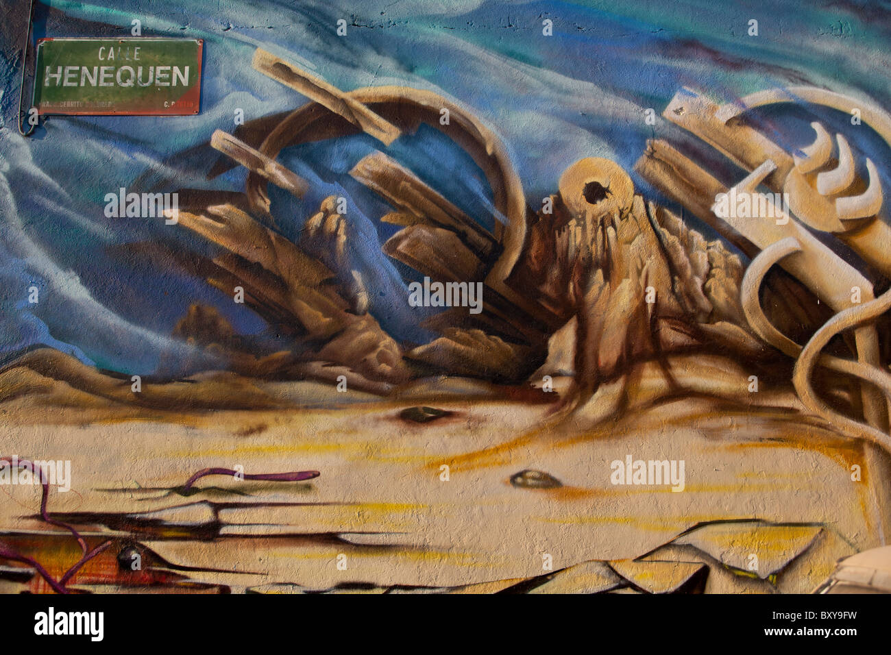 Abstract wall mural along a street in the Spanish colonial city of ...