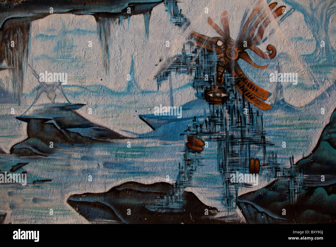 Abstract wall mural along a street in the Spanish colonial city of ...