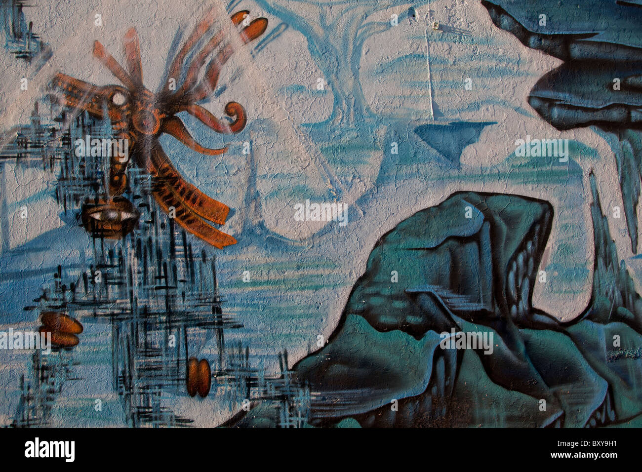 Abstract wall mural along a street in the Spanish colonial city of ...