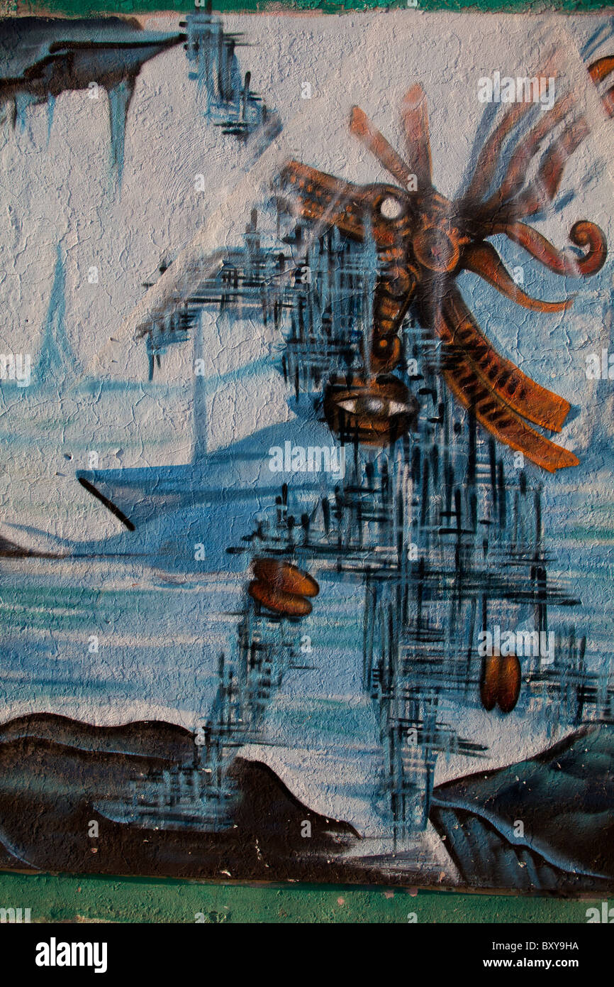 Abstract wall mural along a street in the Spanish colonial city of ...