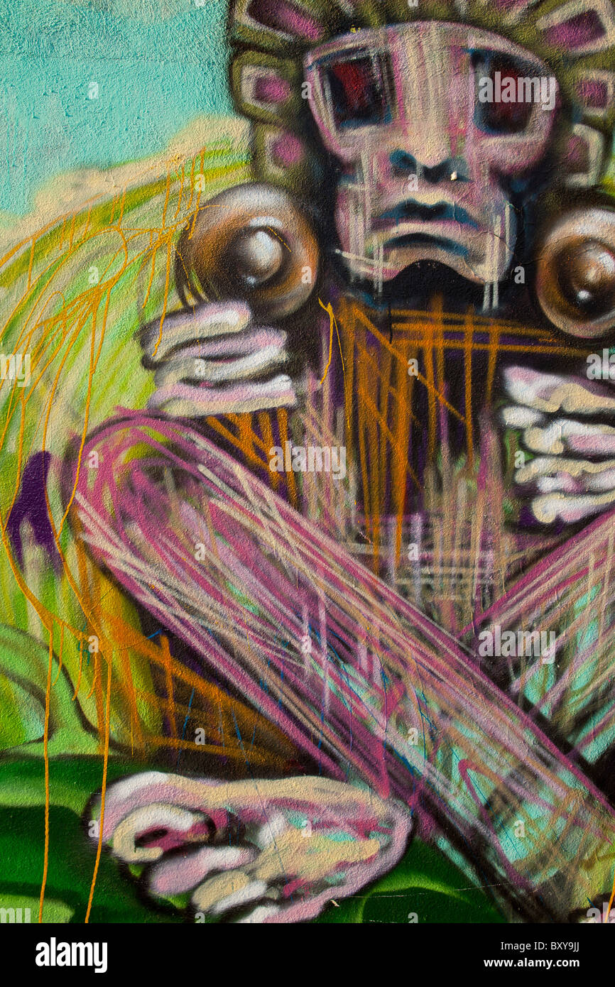 Abstract wall mural depicting an Indian along a street in the Spanish ...