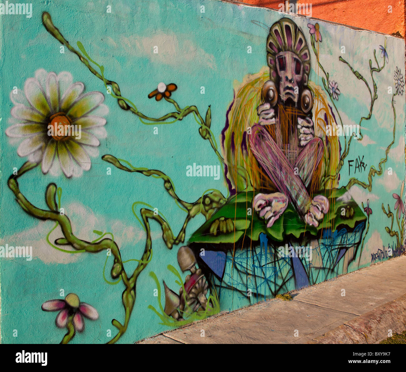 Abstract wall mural depicting an Indian along a street in the Spanish ...
