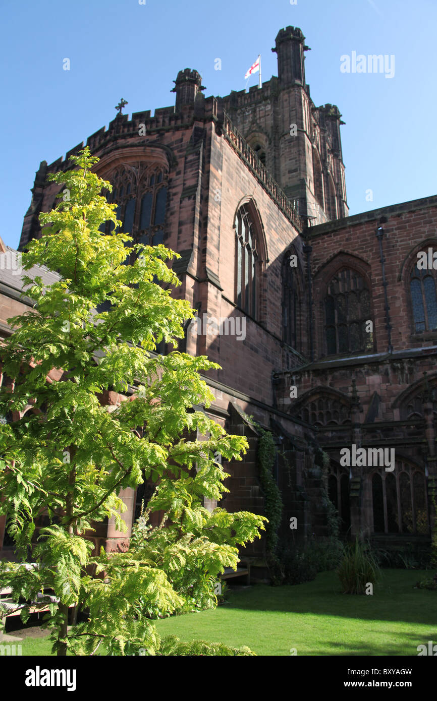 City of Chester, England. Early autumn view of Chester Cathedral tower ...