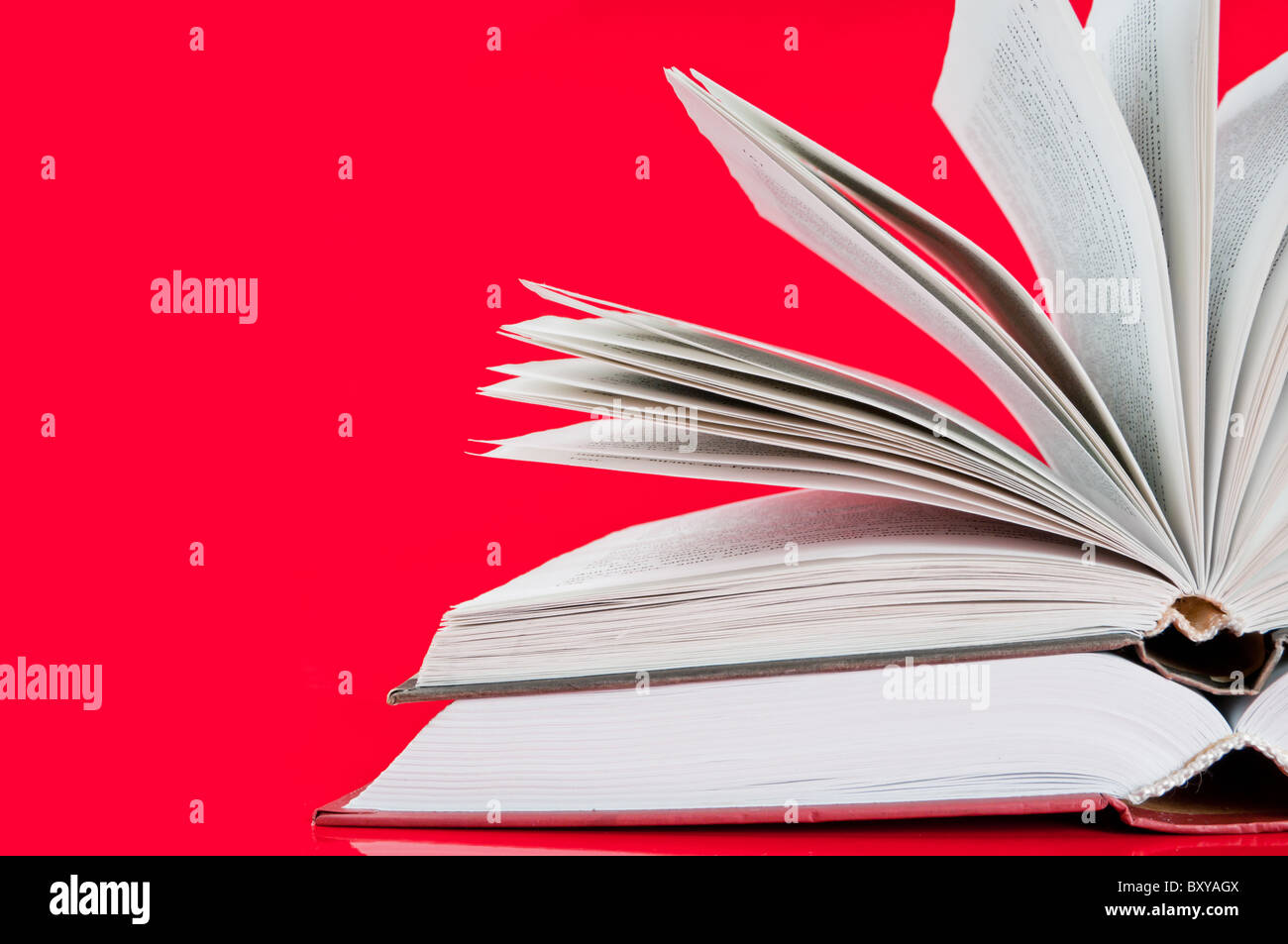 Two open books on red background Stock Photo - Alamy