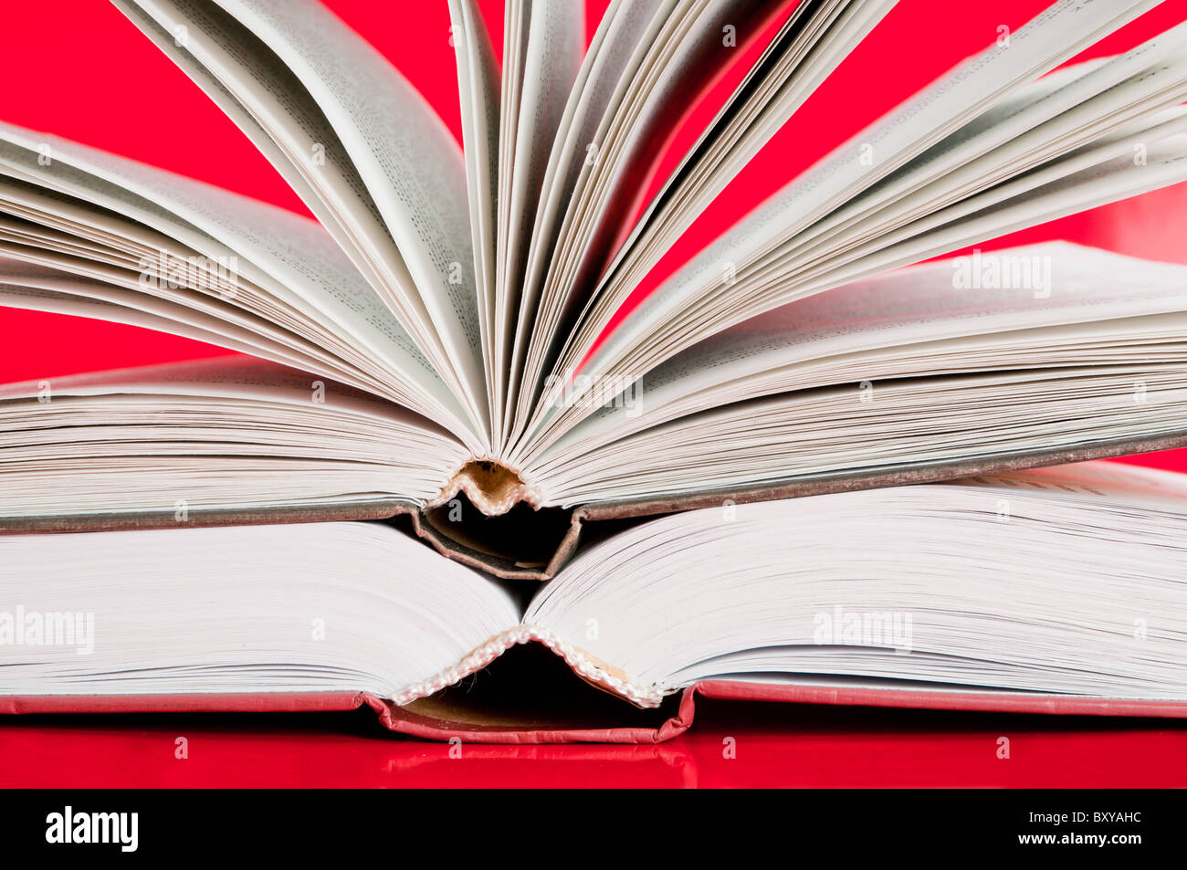 Two open books on red background Stock Photo - Alamy
