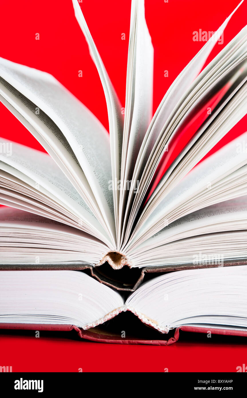 Two open books on red background Stock Photo - Alamy
