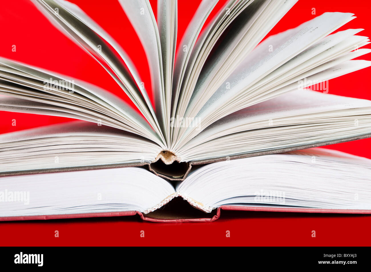 Two open books on red background Stock Photo - Alamy