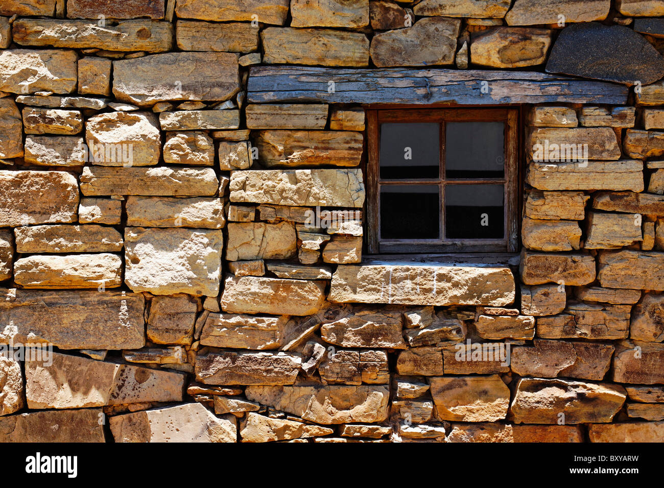 Old dry stone wall with small timber framed window. Fort Nottingham ...