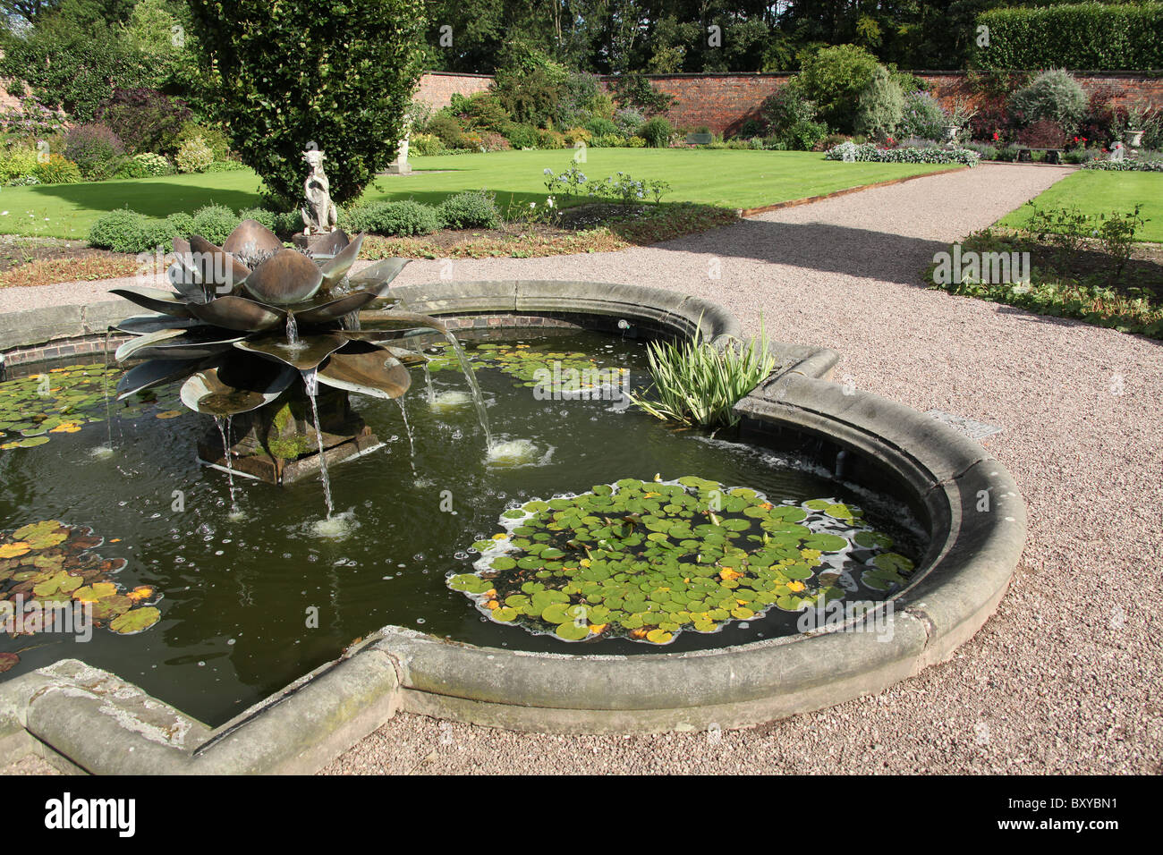 Arley Hall & Gardens, England. Summer view of the central pond feature ...