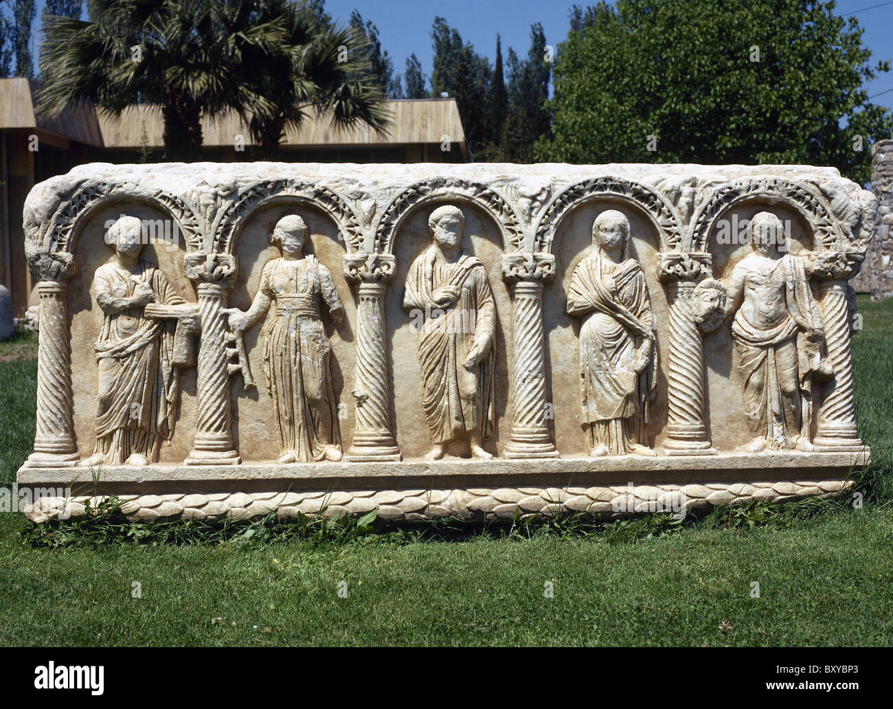 Sarcophagus depicting Greek muses playing musical instruments. One ...