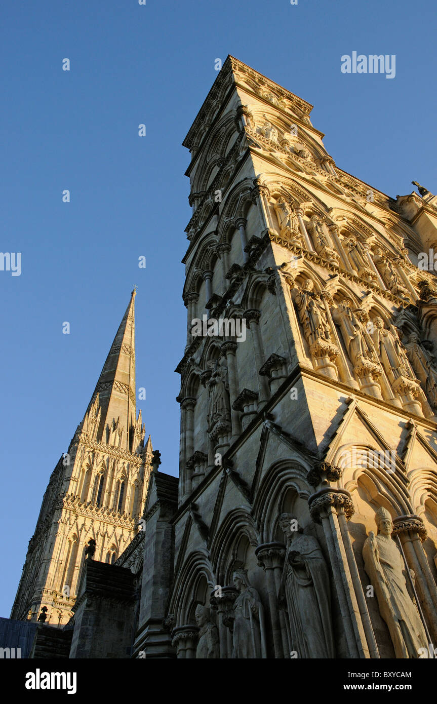 Salisbury Cathedral spire and section of the west front Wiltshire ...