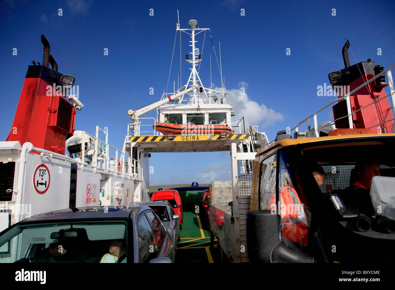 The deck of the roll on roll off car ferry which travels between ...