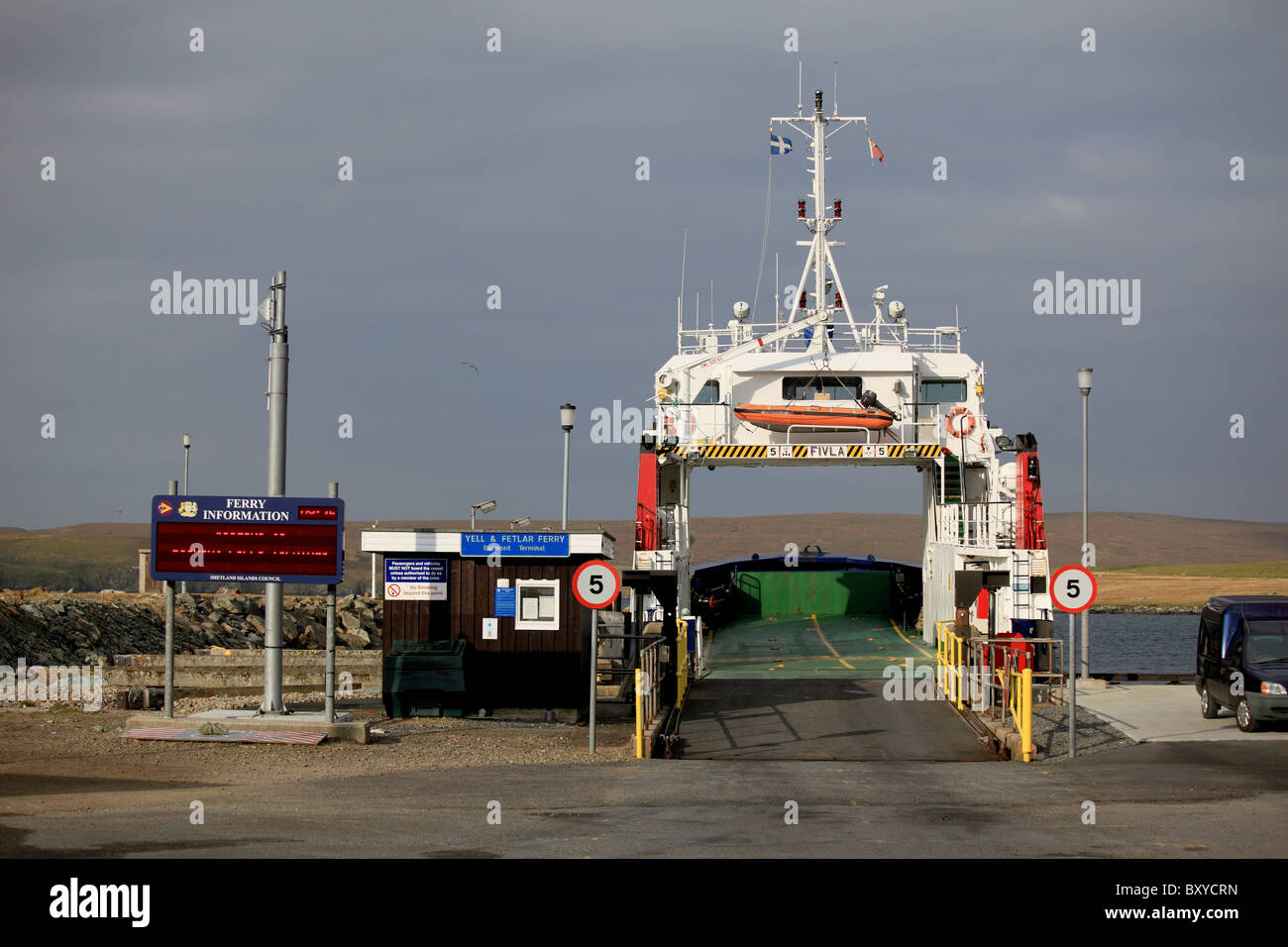 The roll on roll off car ferry terminal at Belmont, Unst, Shetland ...