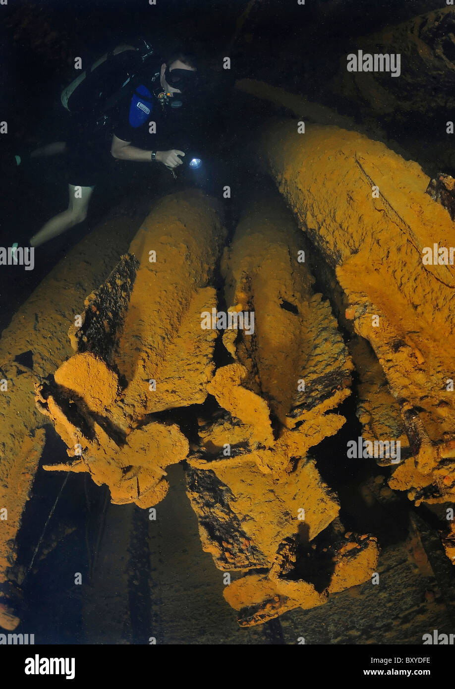 Scuba Diver an long lance torpedoes in Japanese Shipwreck Heian Maru ...
