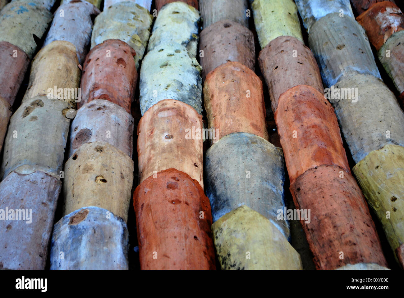 terra cotta tiled roof with background views of the mountains Stock ...