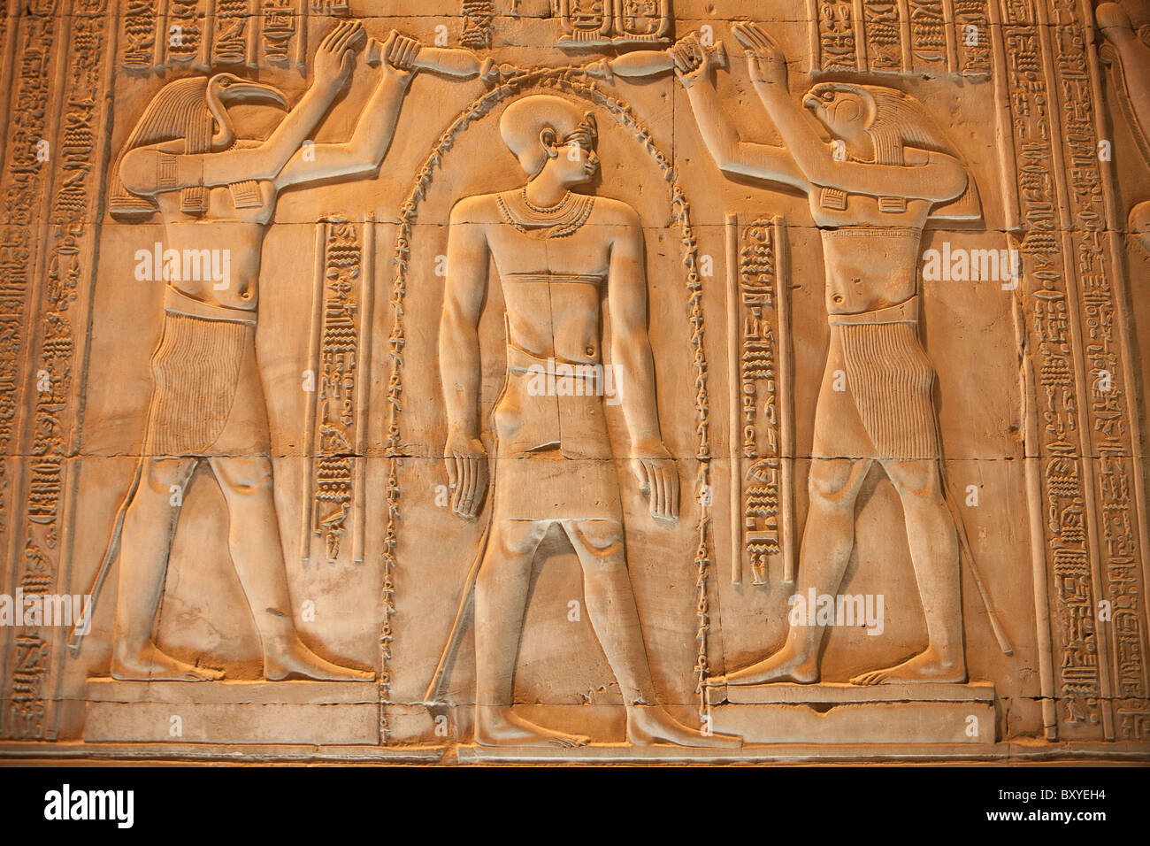Kom Ombo Temple at night, Egypt - elegant frieze carving of Horus and ...