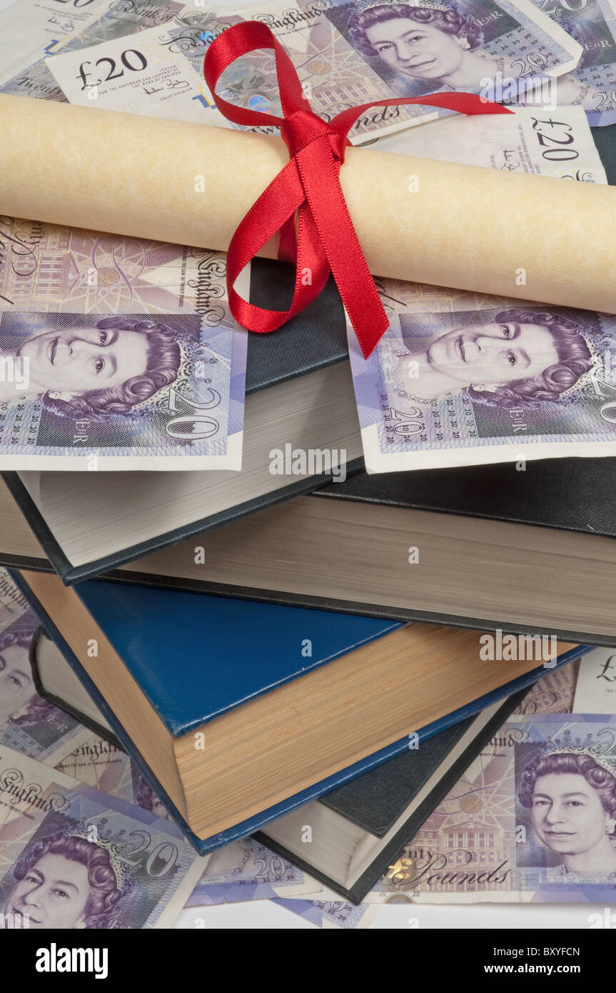 Degree certificate with twenty pound notes and a stack of books.Cost of ...