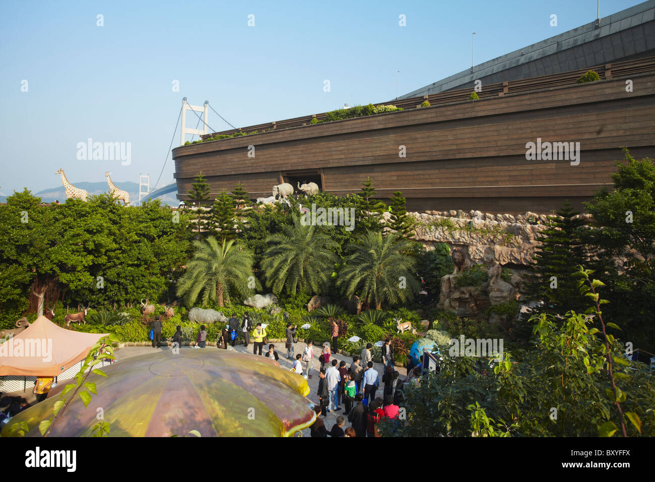 Noah's Ark (full size replica) with Tsing Ma bridge in background, Ma ...