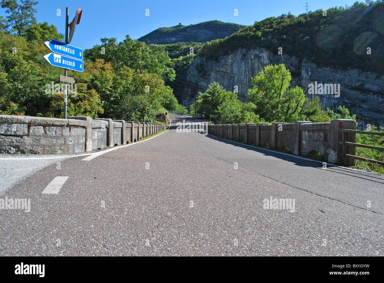mountain road with bridge and larch forest Stock Photo - Alamy