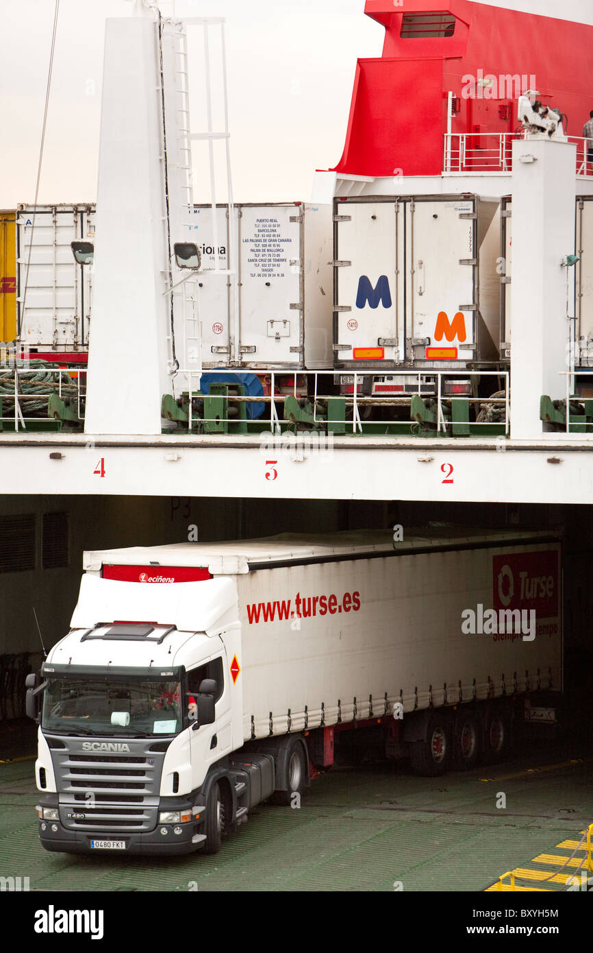 lorries being loaded on ferry from Palma Mallorca to mainland europe ...
